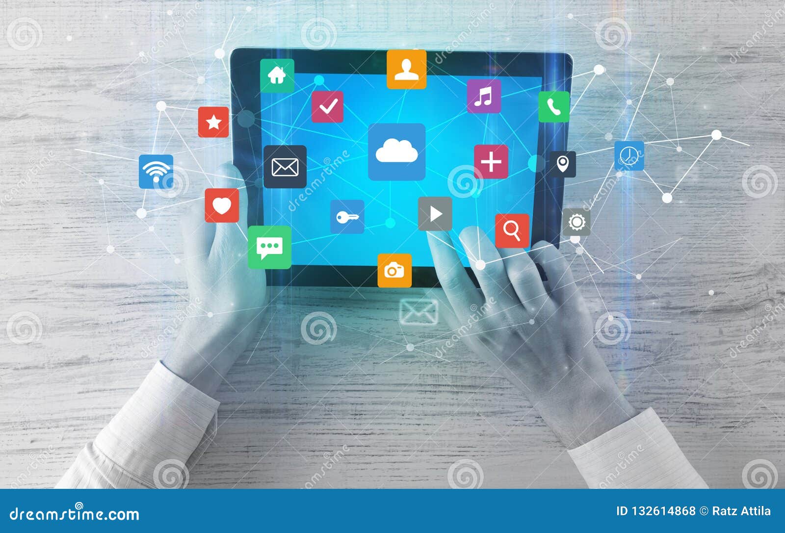 Hand Using Multitask Tablet with Application Symbols and Icons Concept ...