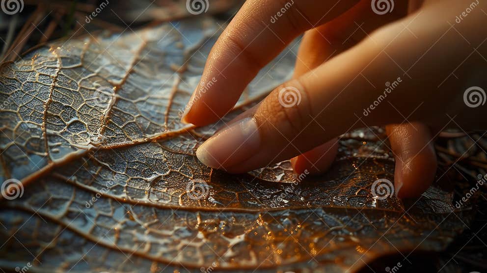 A Hand Touching a Skeleton Leaf. Stock Image - Image of fingertips ...