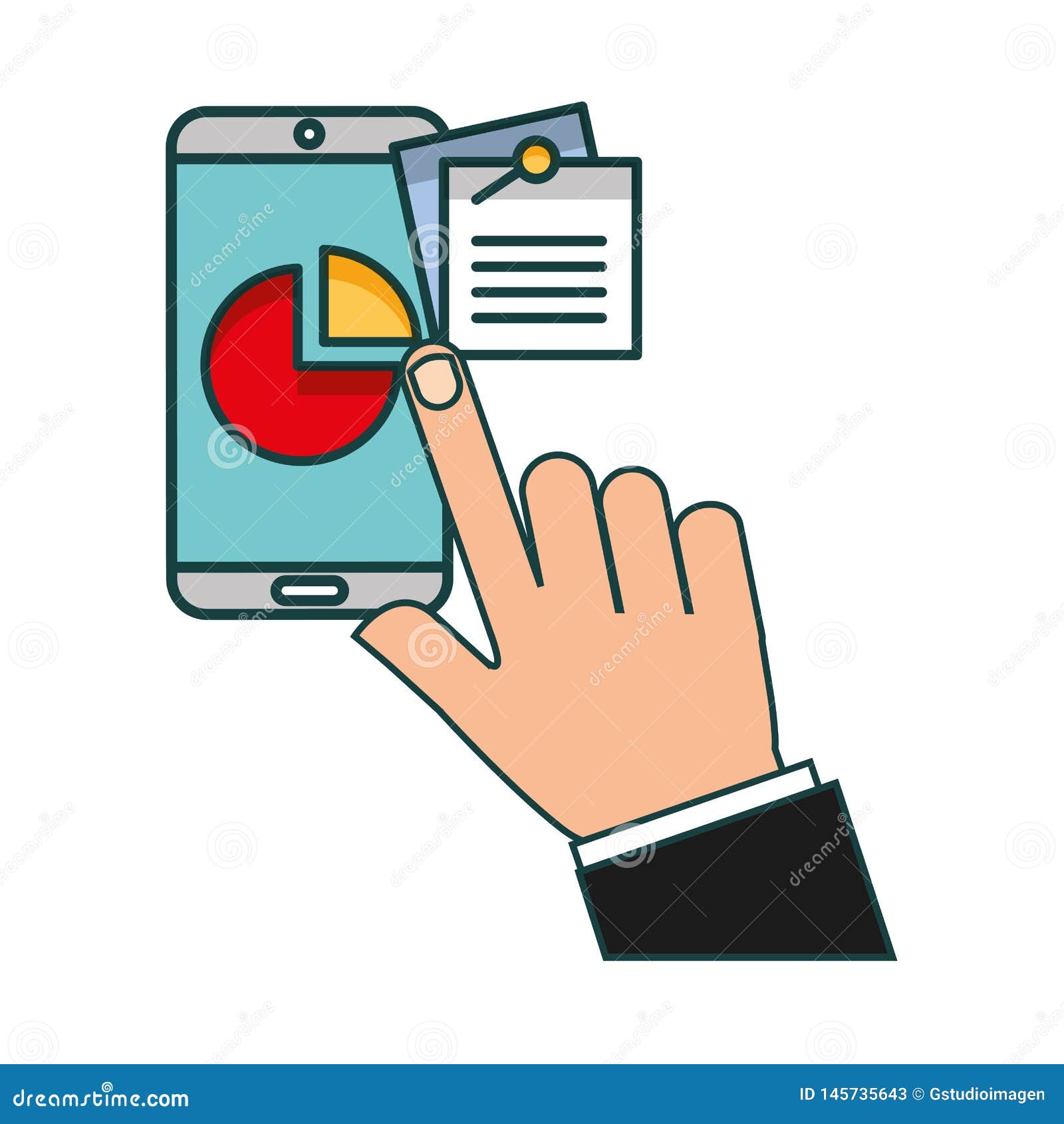 Hand Touching Smartphone Chart Pie Note Office Stock Illustration ...