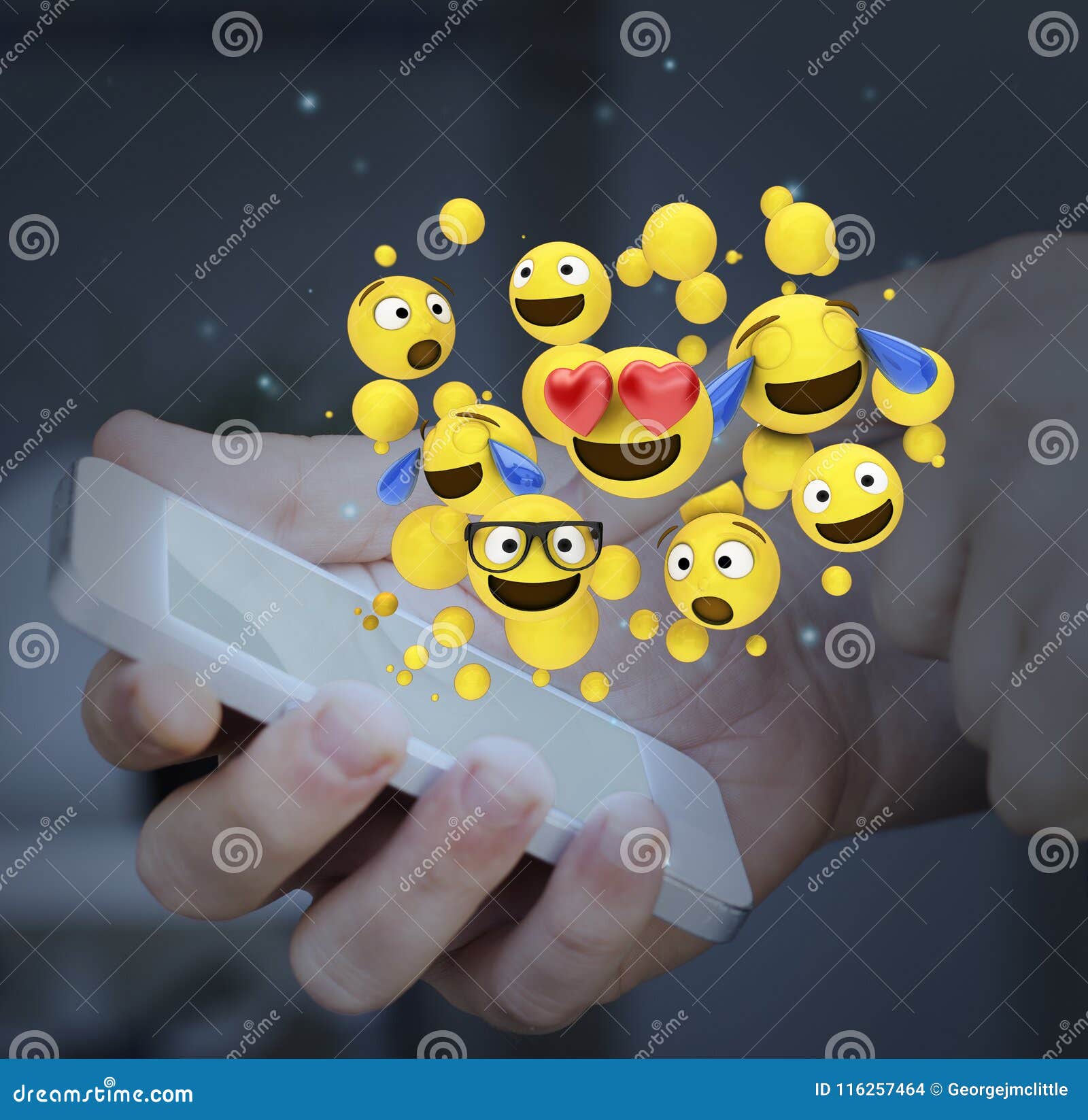 Hand Touching Smartphone. Emoticons Concept. Stock Photo - Image of ...