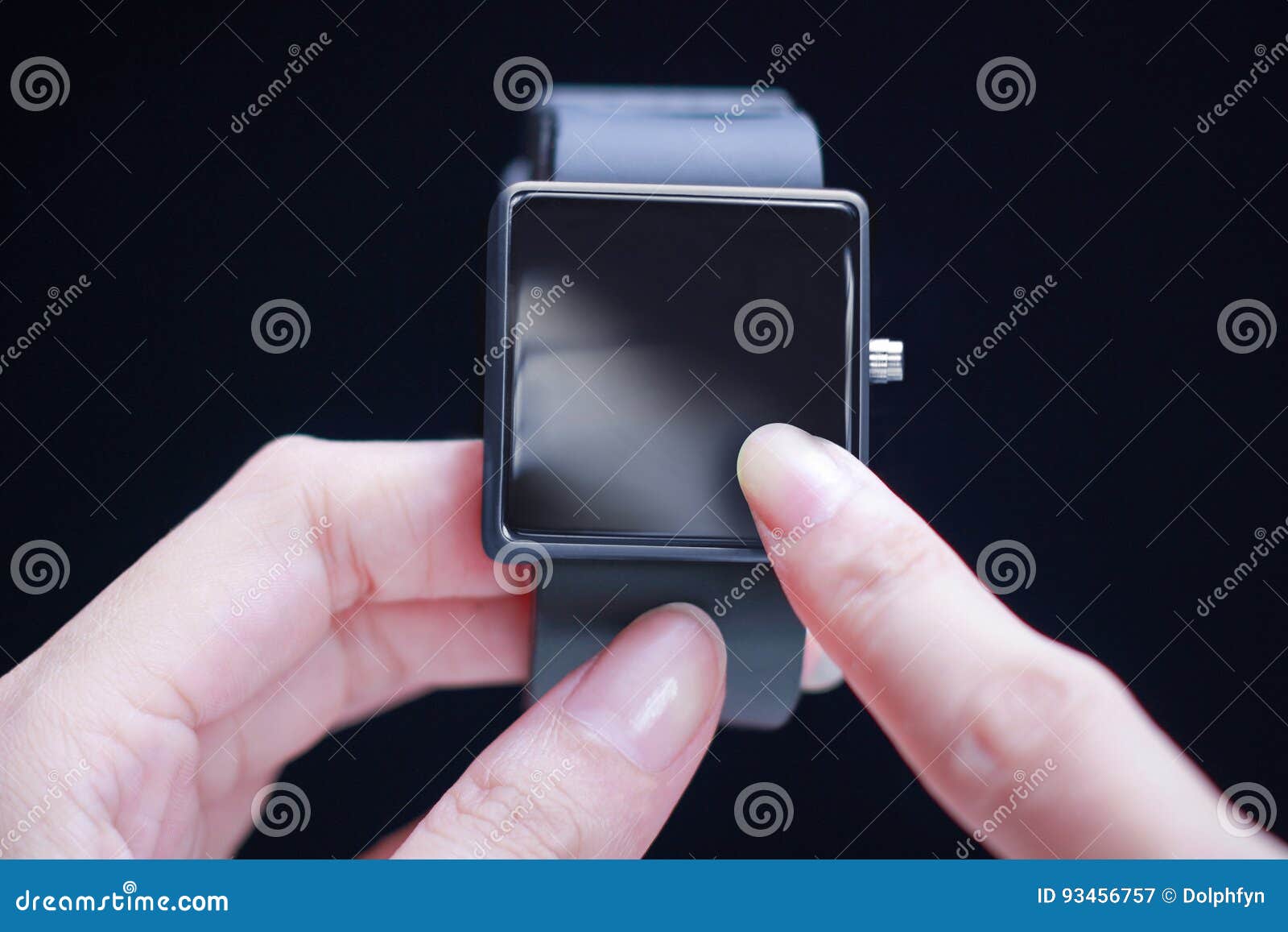 Hand touching smartwatch stock image. Image of hand, smartwatch - 93456757