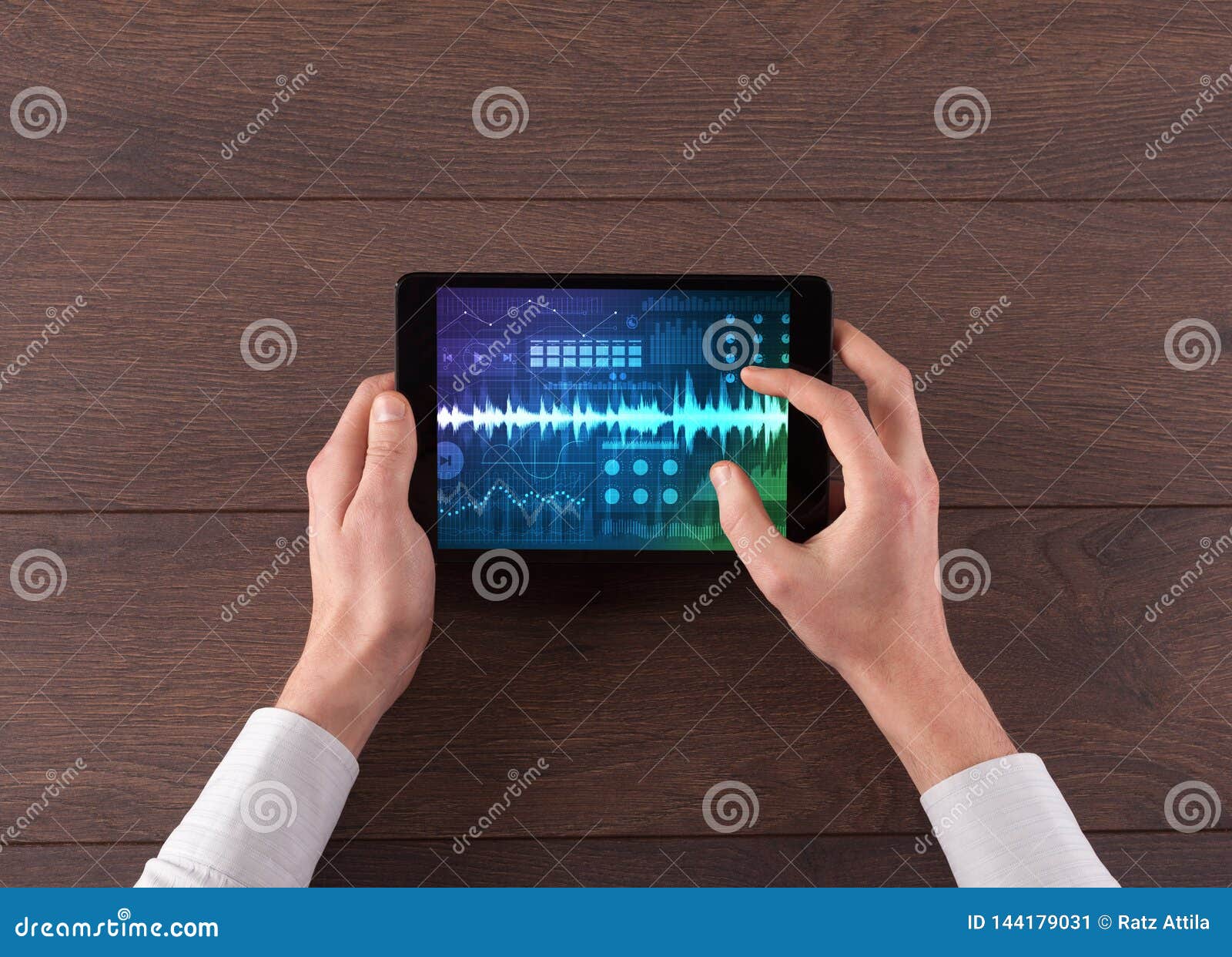 Hand Holding Tablet with Sound Design Concept Stock Image - Image of ...
