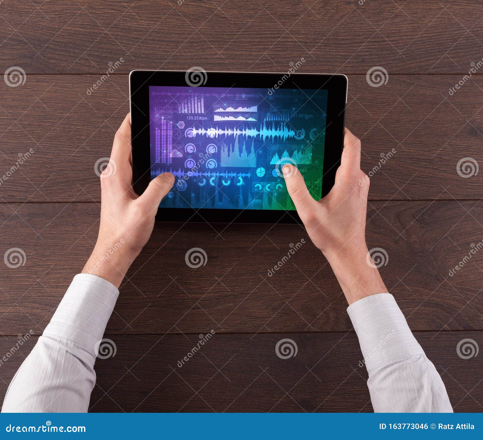 Hand Holding Tablet with Sound Design Concept Stock Photo - Image of ...