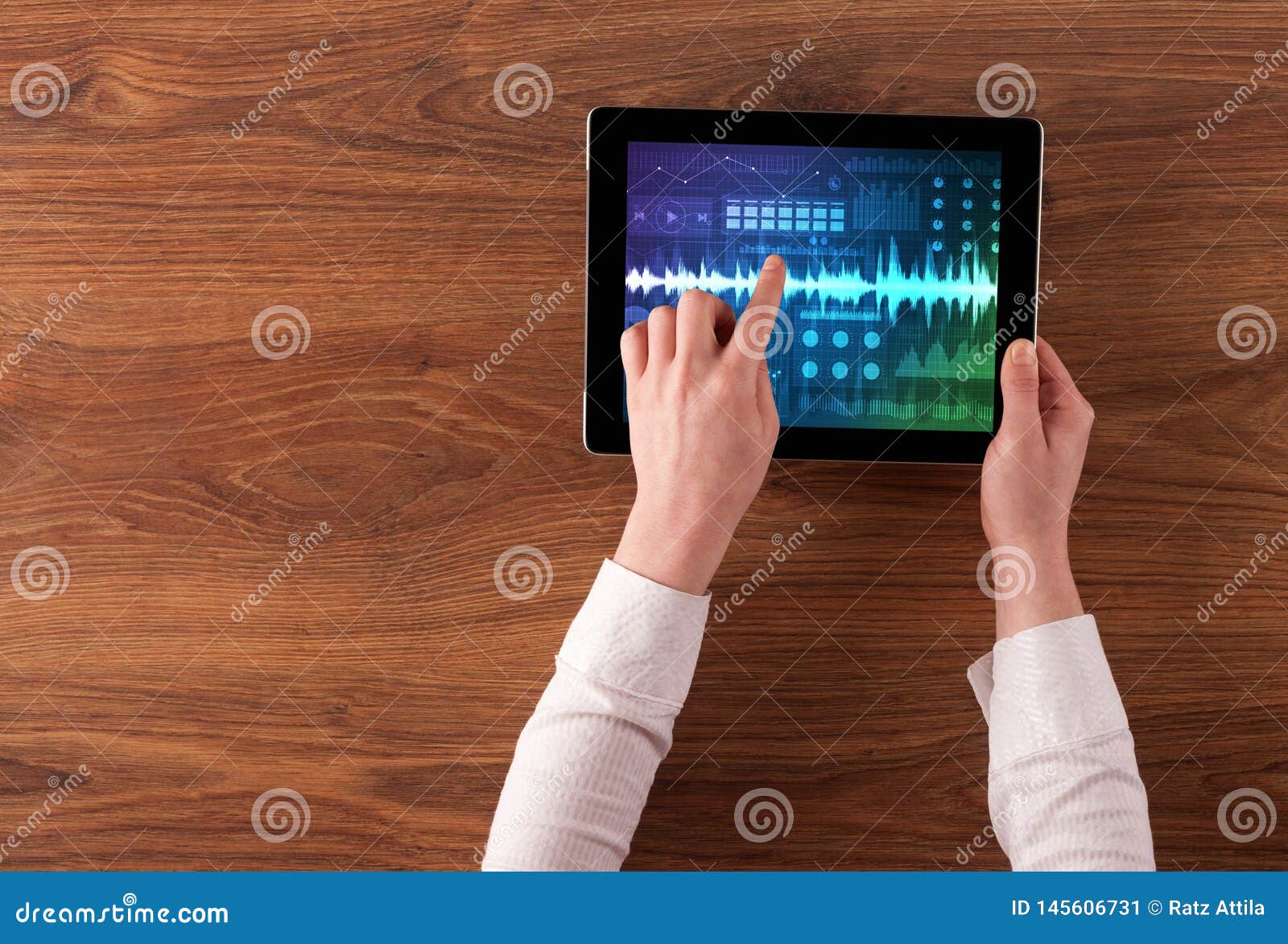 Hand Holding Tablet with Sound Design Concept Stock Image - Image of ...