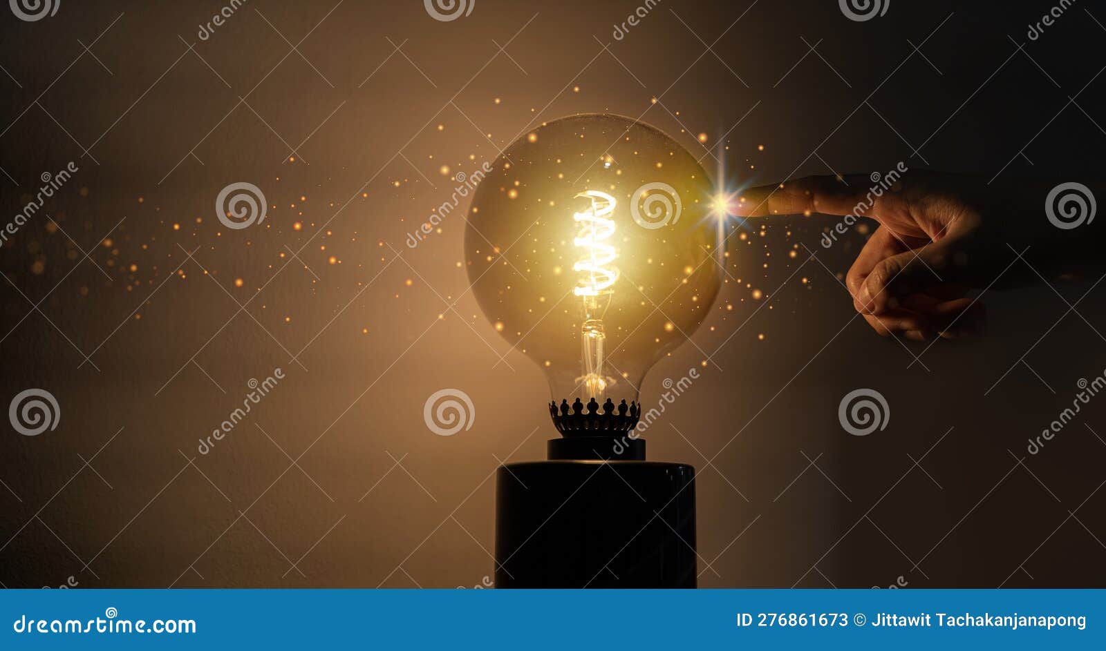 Hand Touching To Glowing Lamp or Lightbulb for Creative Thinking Idea ...