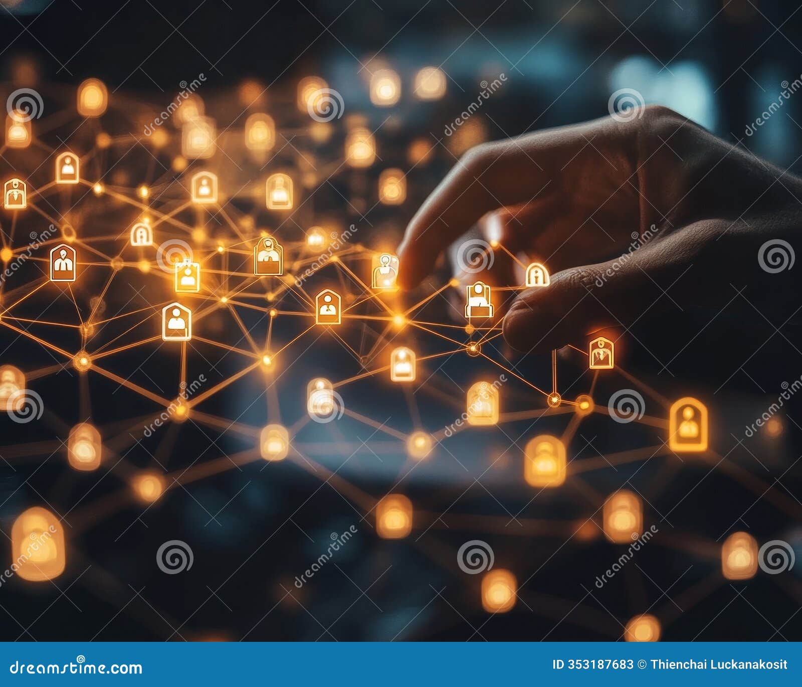 Hand Touching Virtual Network with Security Icons, Symbolizing ...