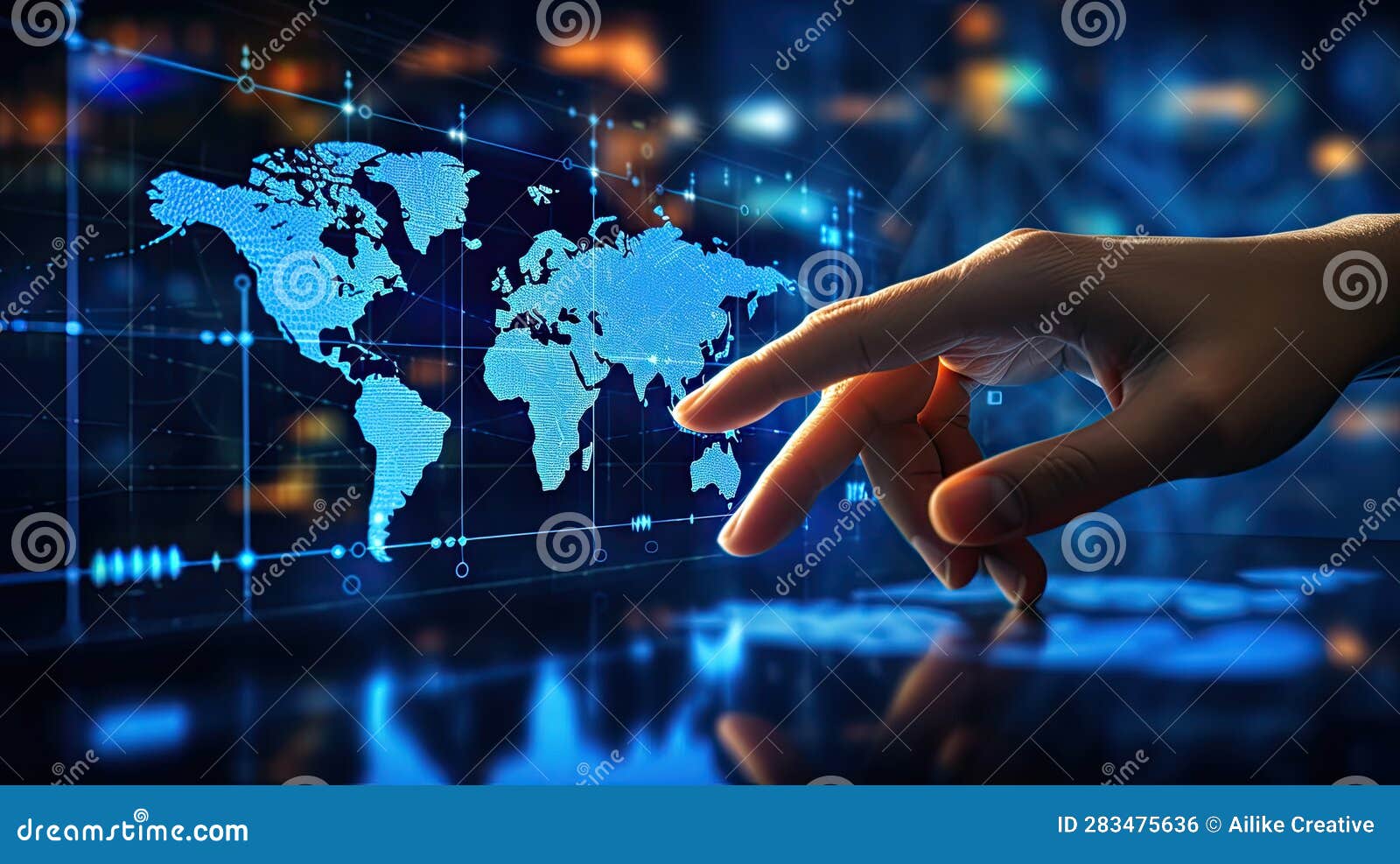 Hand Touching World Map on Virtual Screen. Business and Technology ...