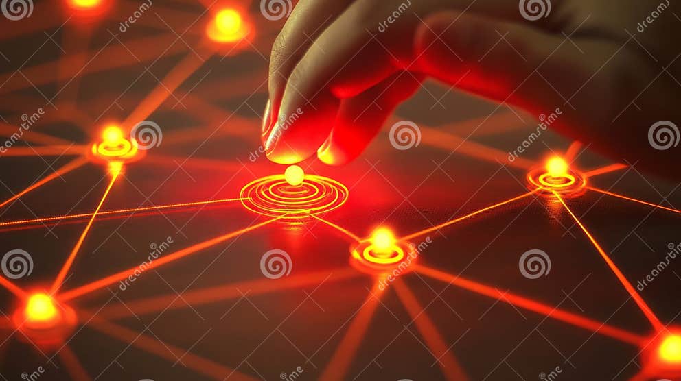 Hand Touching Yellow Glowing Node in Network Structure Stock Photo ...