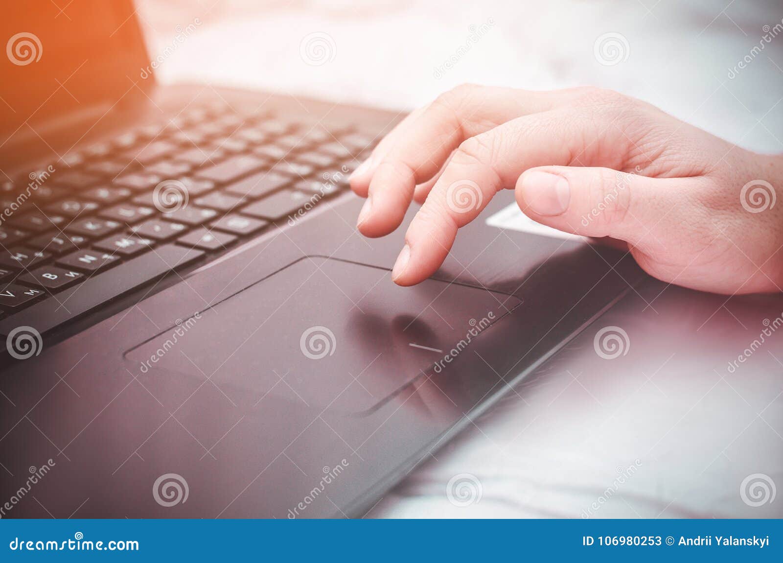 Female Hand on a Laptop, Touchpad. Work at the Computer. Notebooks ...