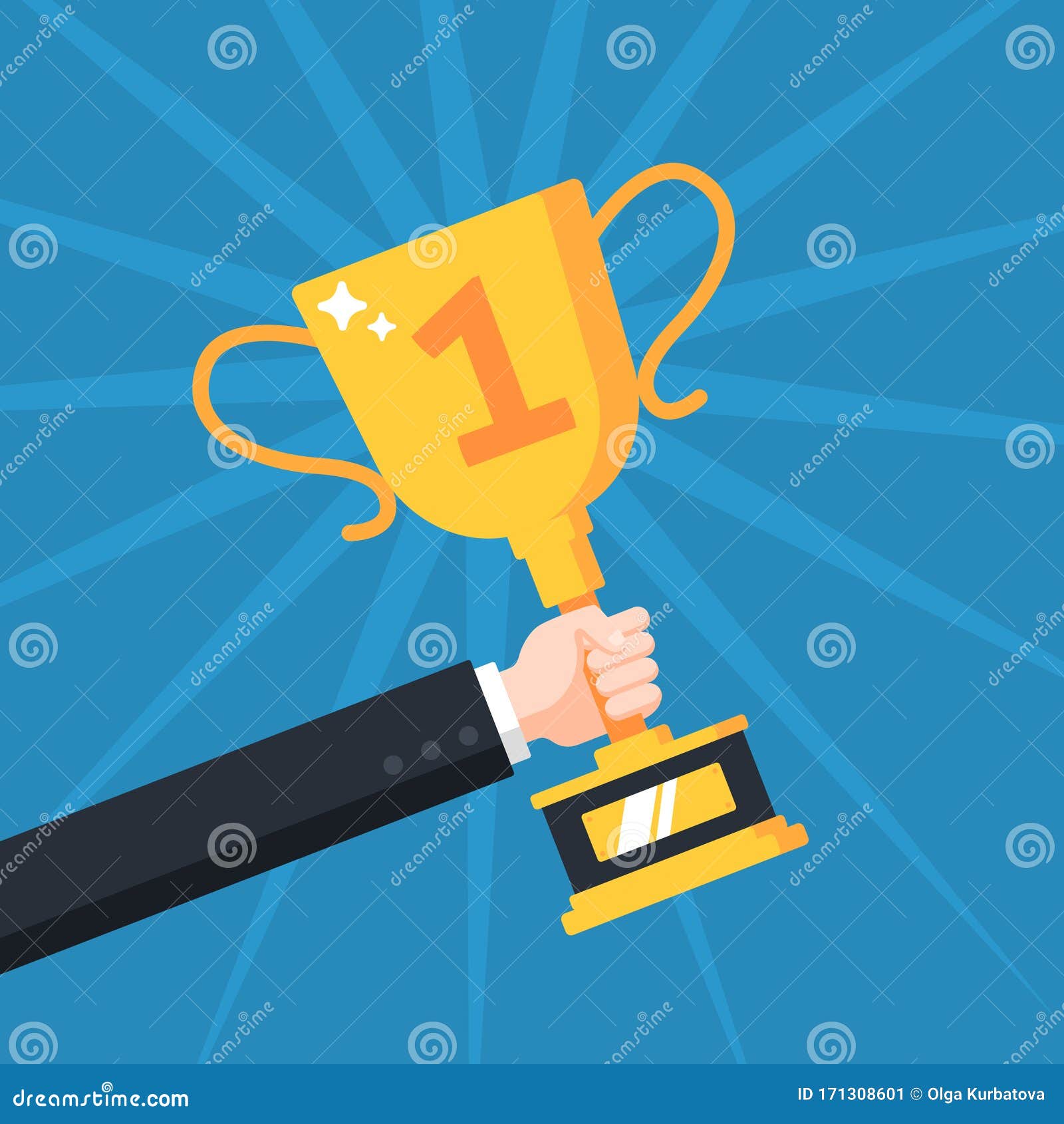 Hand With Trophy Cup Successful Businessman Holding Golden Cup Award