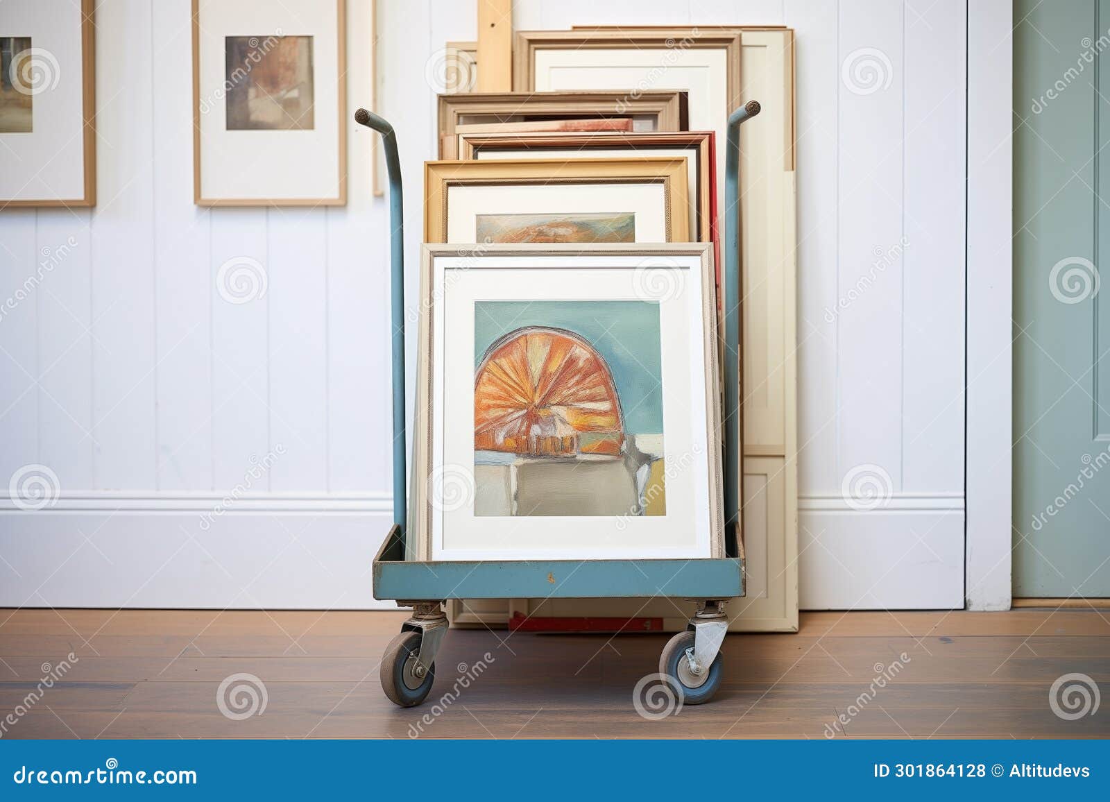 Hand Truck Stacked with Flat Packed Art Frames Stock Photo - Image of ...