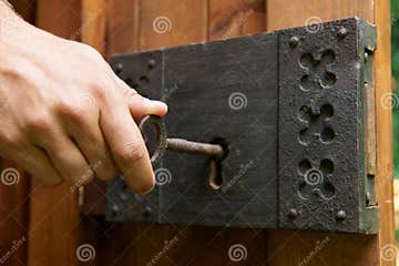 Hand Turning Key in Old Fashioned Lock Stock Image - Image of twenties ...