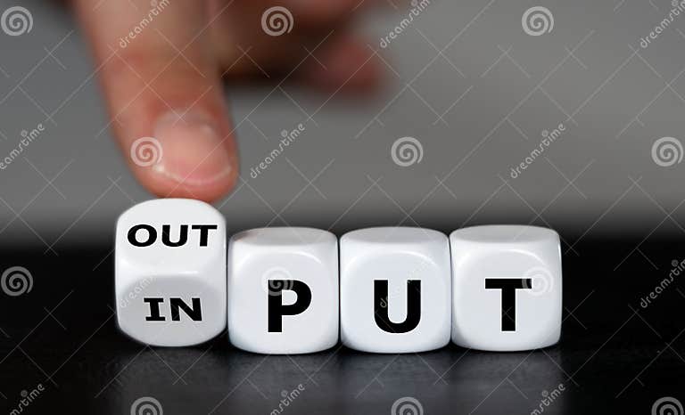 Hand Turns Dice and Changes the Word Input To Output. Stock Photo ...