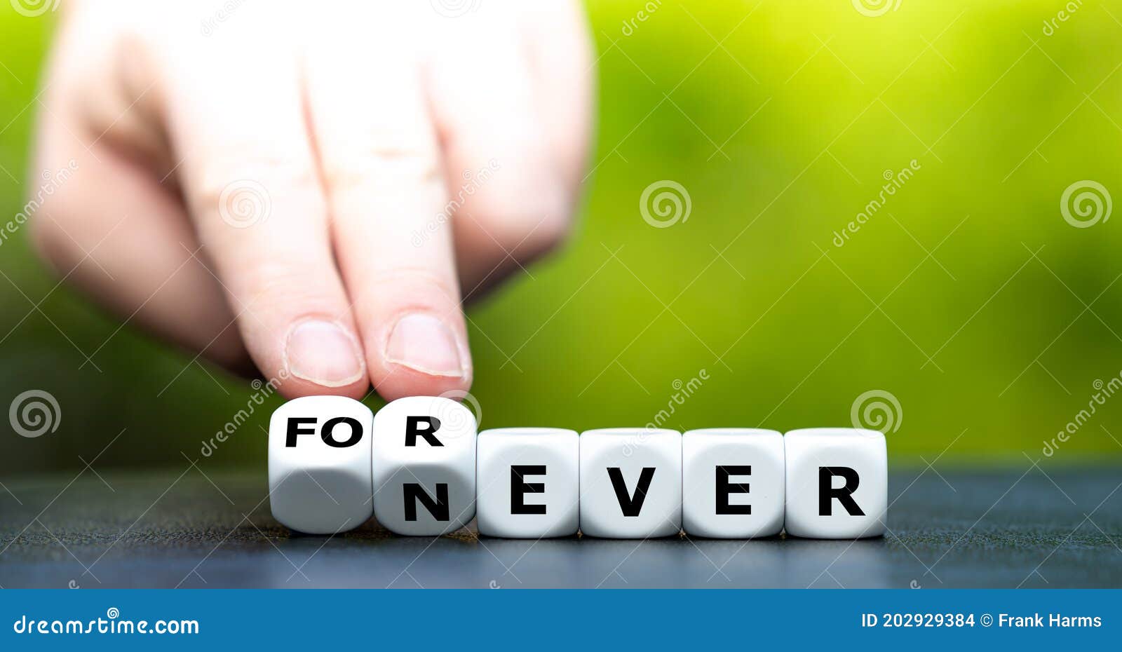 Hand Turns Dice and Changes the Word Never To Forever. Stock Photo ...