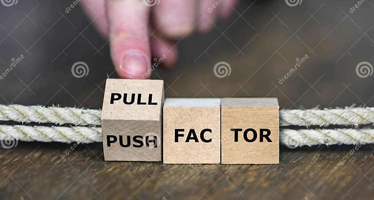 Hand Turns Wooden Cube and Changes the Expression Push Factor To Pull ...
