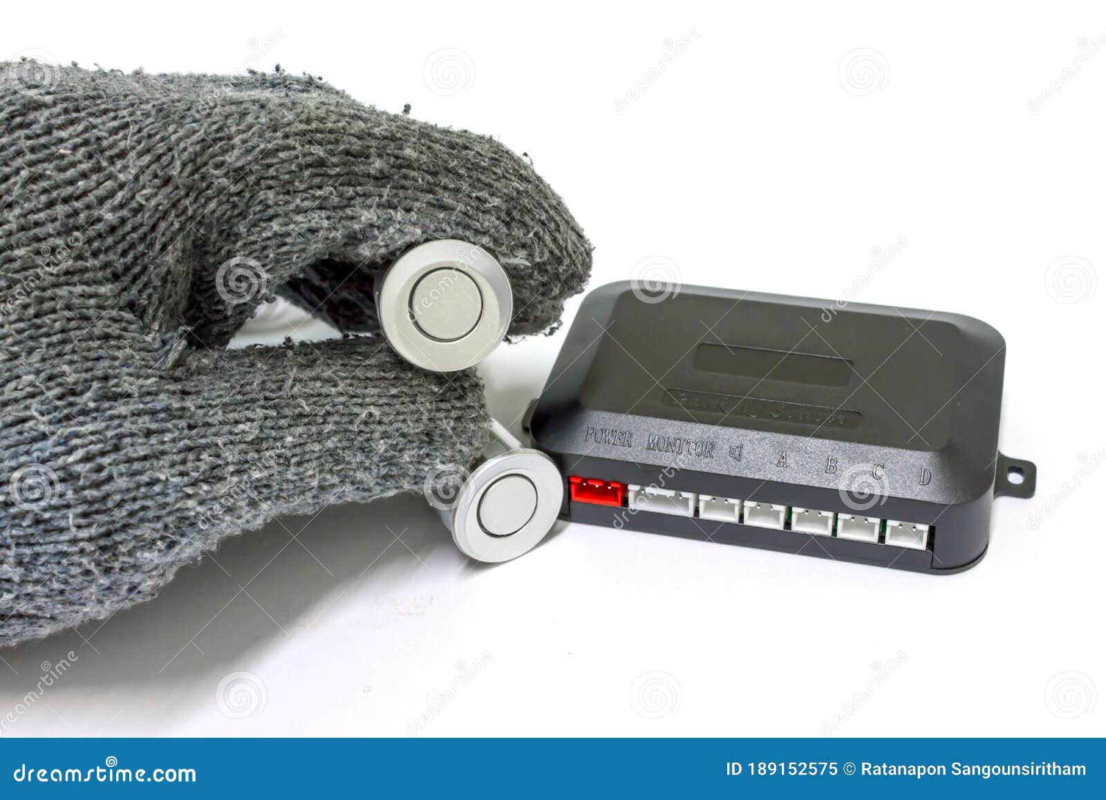 Hand with Two Sensor and Parking System Unit on White Background, Car ...