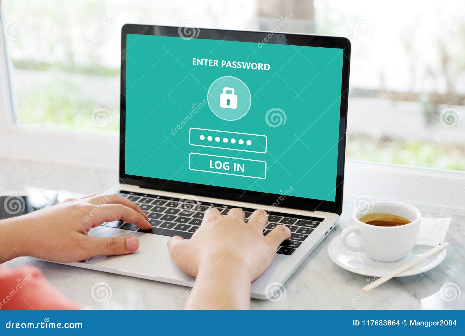 Hand Tying Laptop Computer with Password Login on Screen, Cyber Stock ...