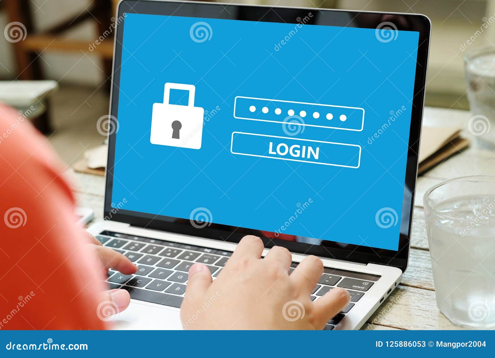 Hand Tying Laptop Computer with Password Login on Screen, Cyber Stock ...