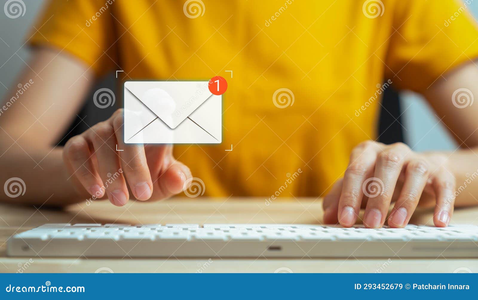 Hand Type a Message on the Keyboard and Hand Touching on a Digital ...