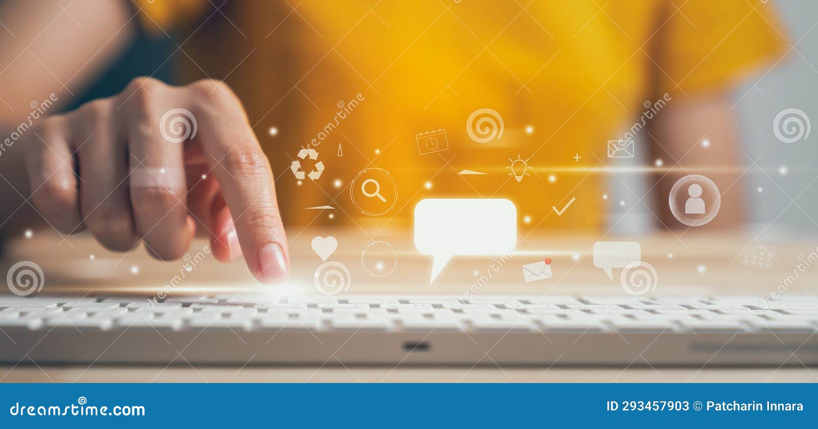 Hand Type a Message on the Keyboard and Touching on a Digital Screen of ...