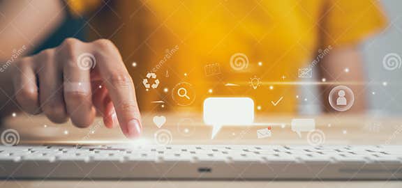 Hand Type a Message on the Keyboard and Touching on a Digital Screen of ...