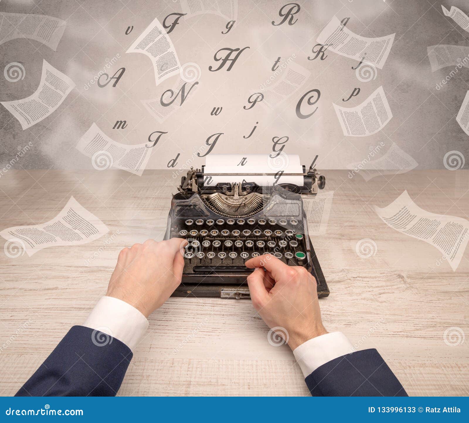 Hand Typewriting with Flying Documents Around Stock Image - Image of ...