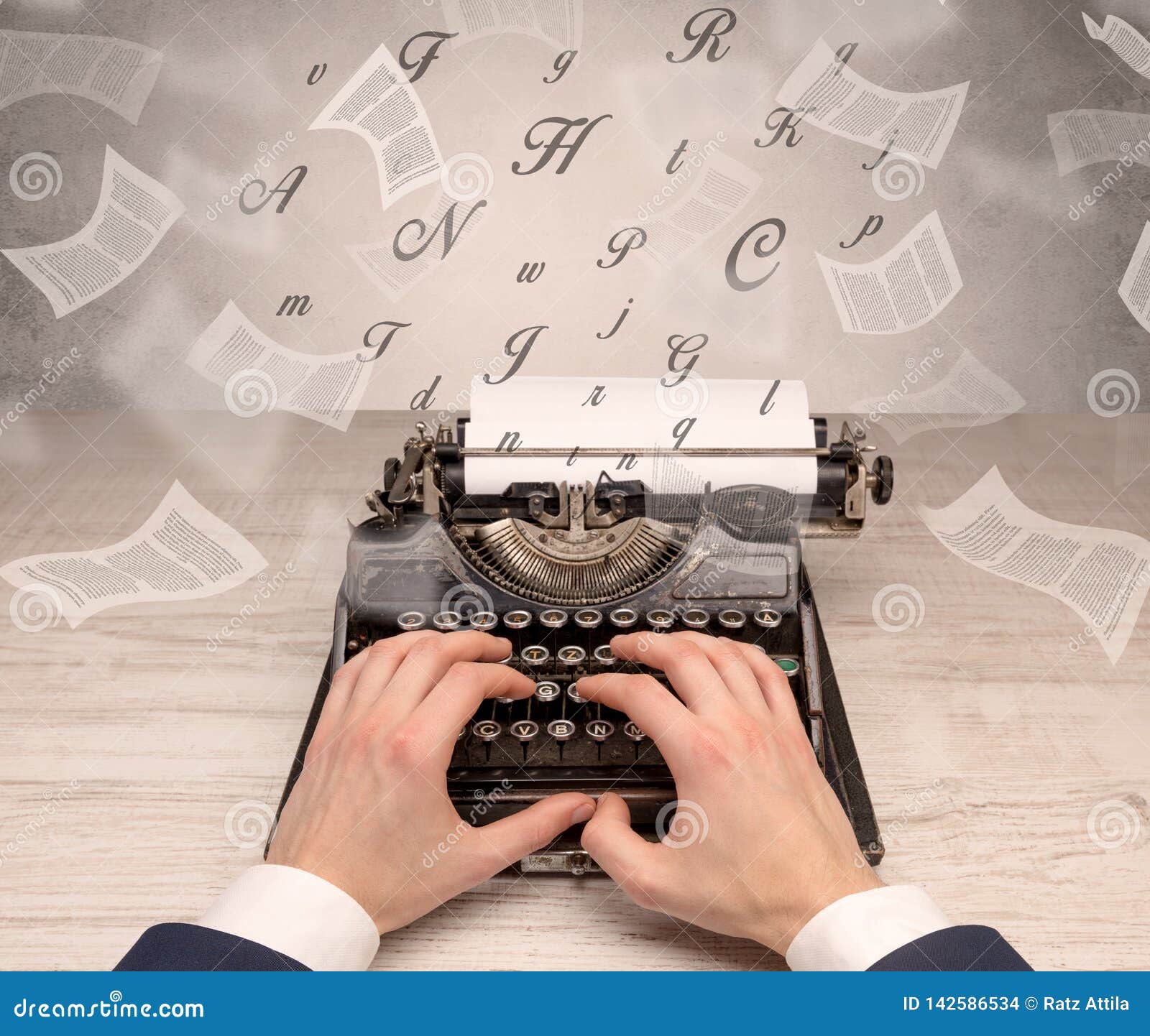 Hand Typewriting with Flying Documents Around Stock Photo - Image of ...
