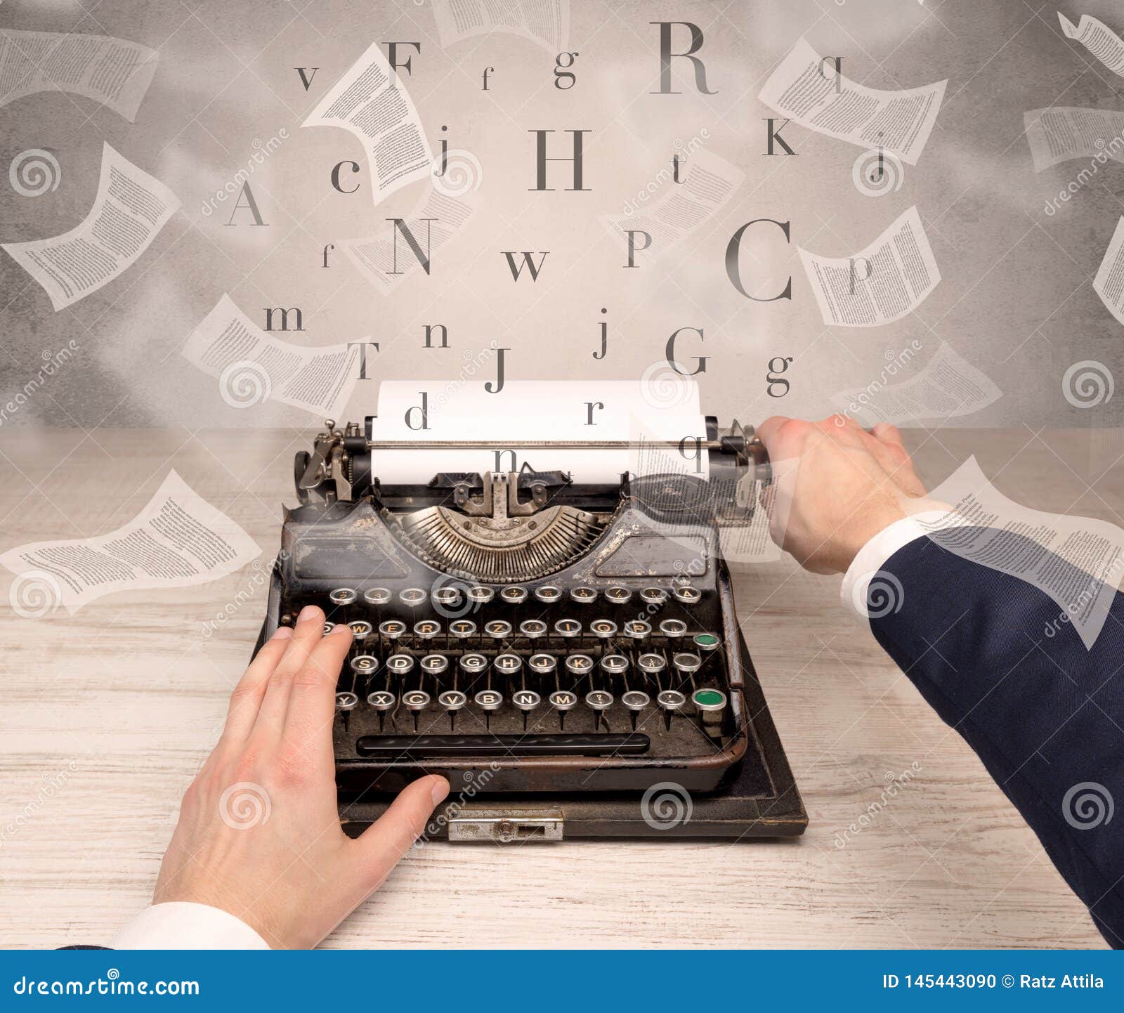 Hand Typewriting with Flying Documents Around Stock Photo - Image of ...