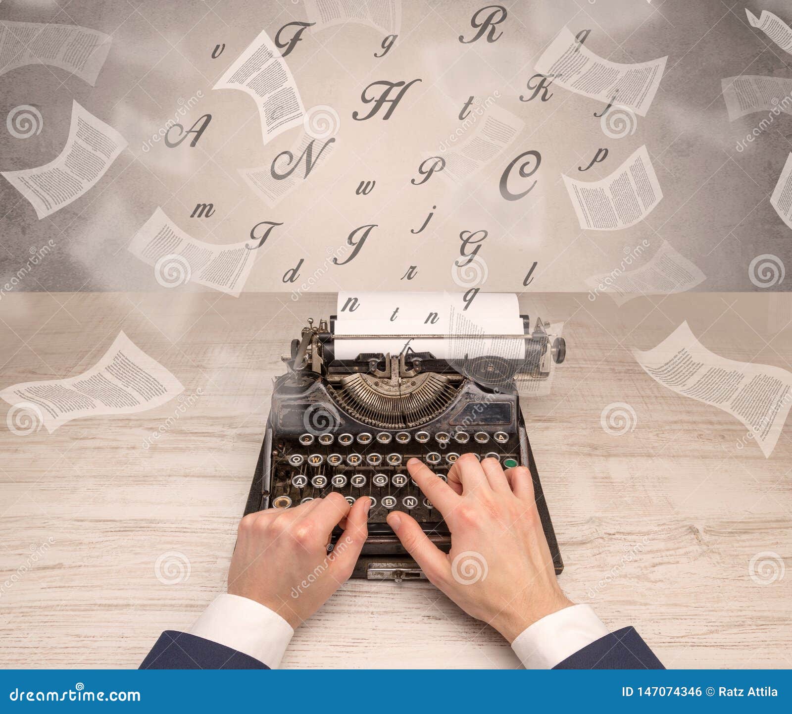 Hand Typewriting with Flying Documents Around Stock Photo - Image of ...