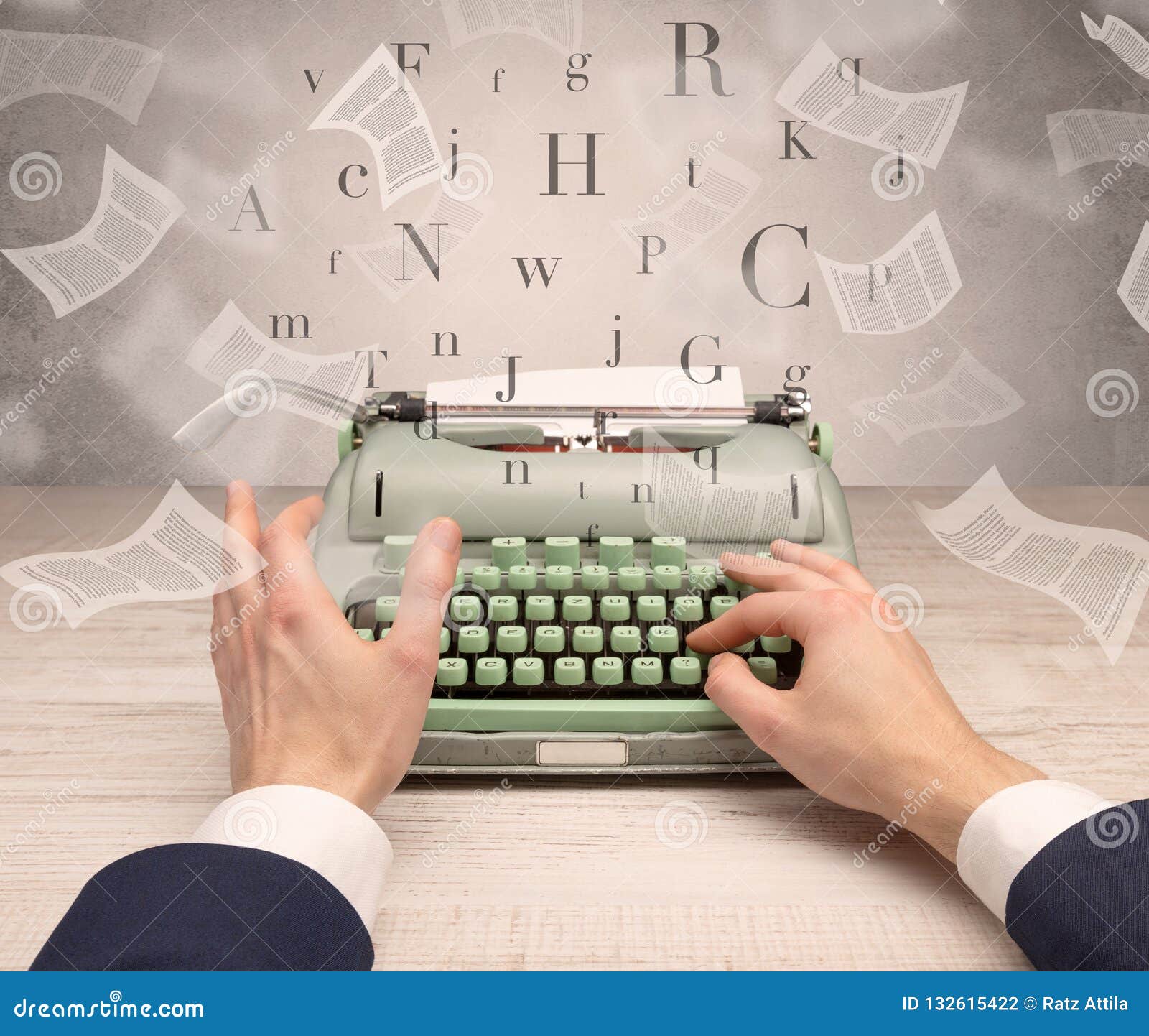 Hand Typewriting with Flying Documents Around Stock Photo - Image of ...