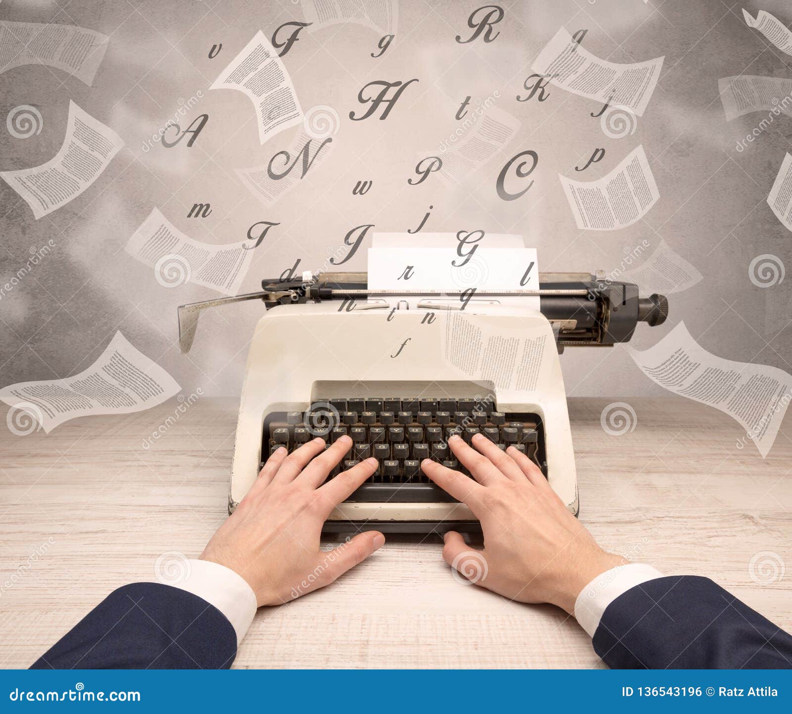 Hand Typewriting with Flying Documents Around Stock Photo - Image of ...