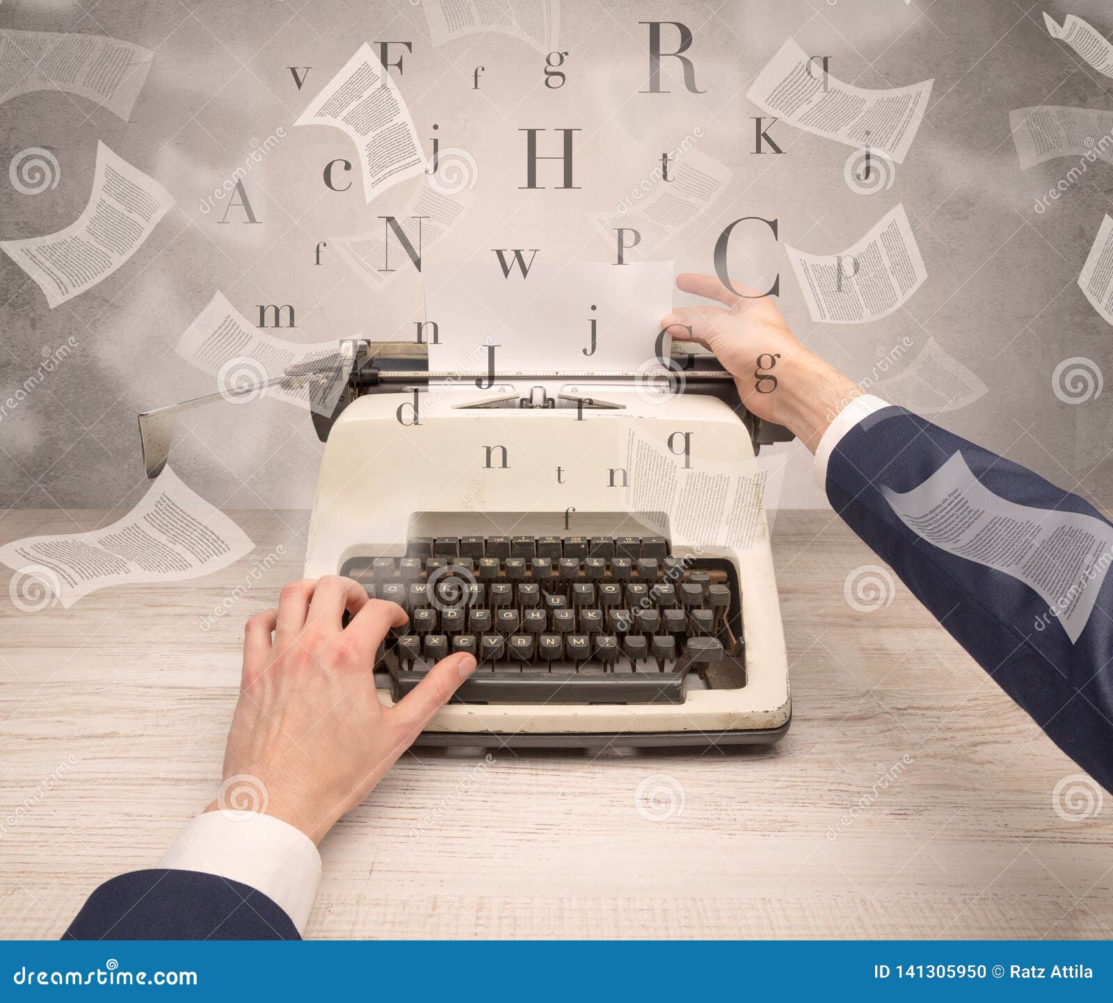 Hand Typewriting with Flying Documents Around Stock Photo - Image of ...