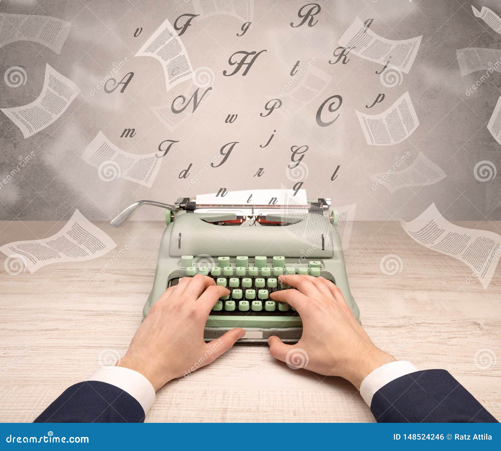 Hand Typewriting with Flying Documents Around Stock Photo - Image of ...