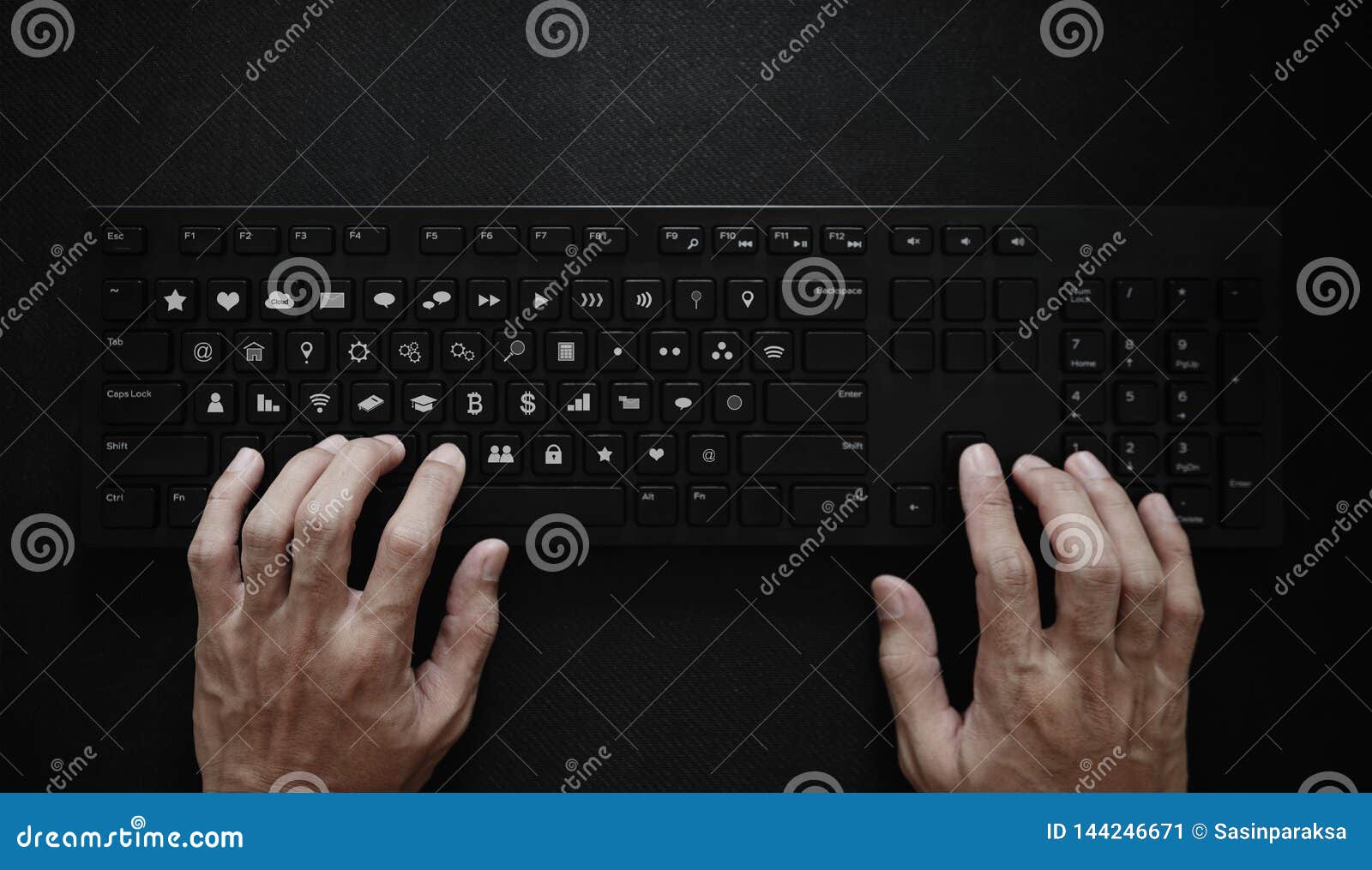Hand Typing on Computer Keyboard, with Application Icons on Button ... Hand Typing on Computer Keyboard, with Application Icons on Button ...
