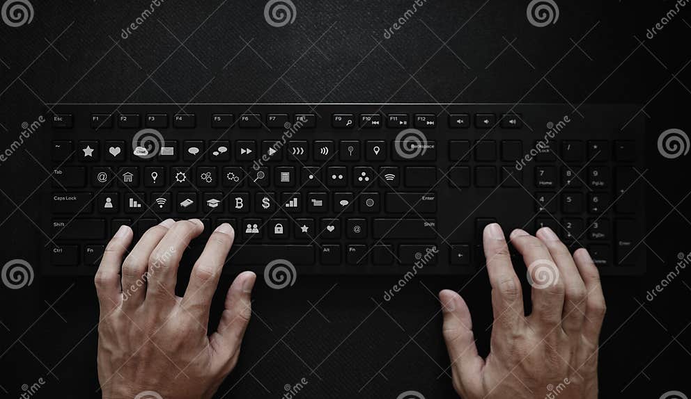 Hand Typing on Computer Keyboard, with Application Icons on Button. Application Programming ...