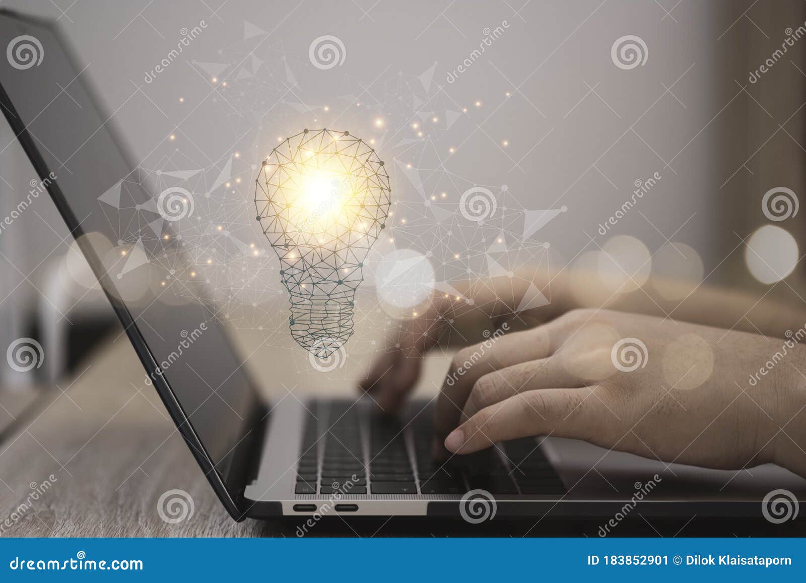 Hand Typing on Computer Laptop with Virtual Light Bulb Which Glowing ...