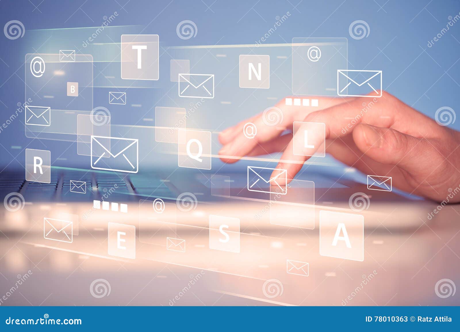 Hand Typing on Keyboard with Digital Tech Icons Stock Image - Image of ...