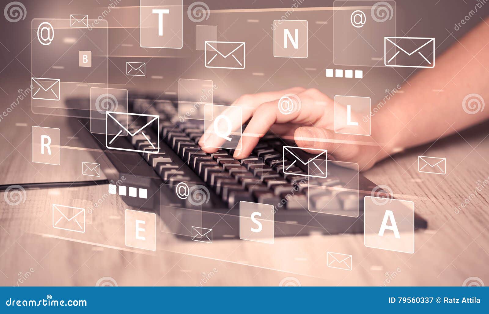Hand Typing on Keyboard with Digital Tech Icons Stock Image - Image of ...