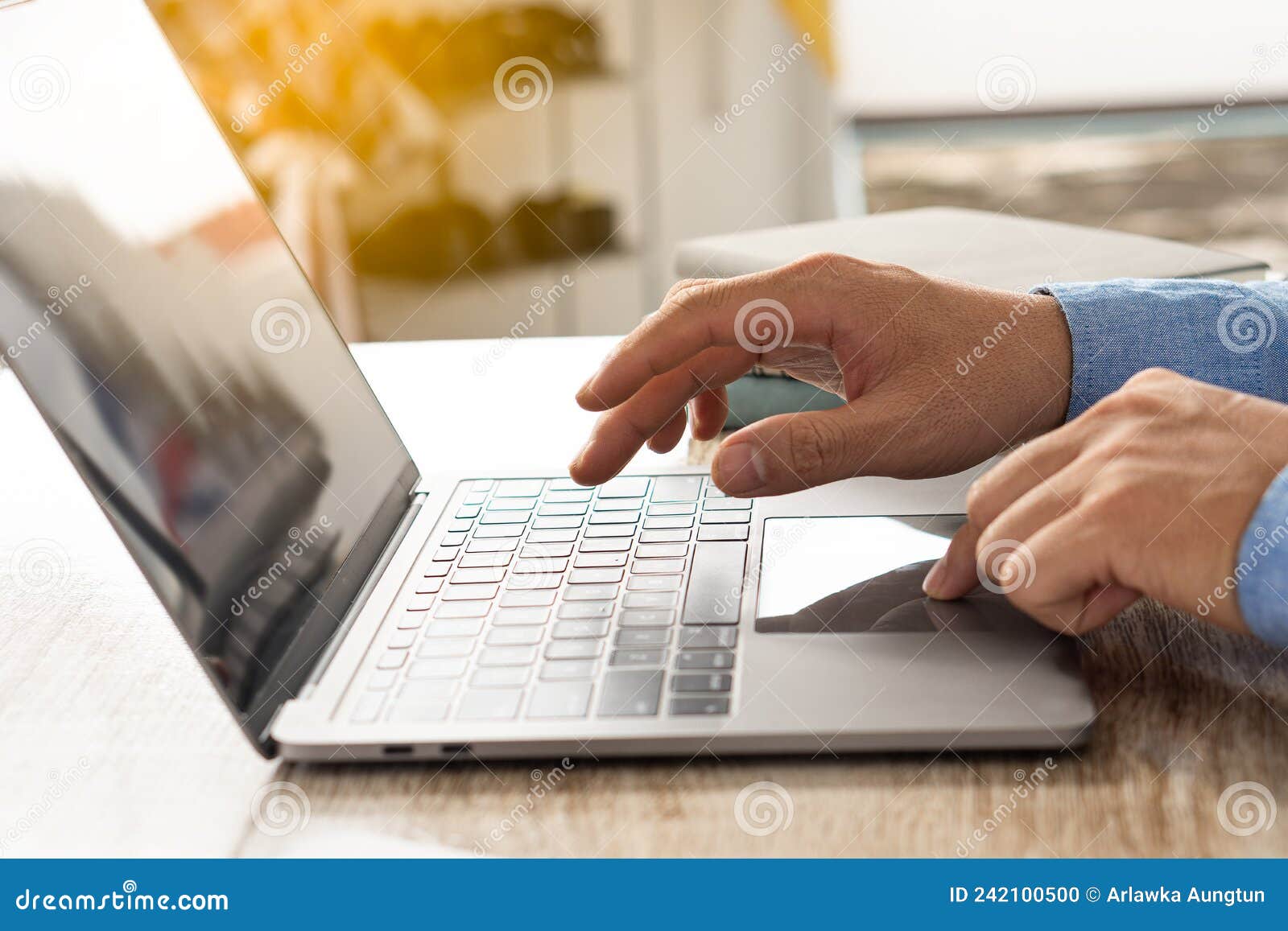Hand Typing Keyboard Manager Working on the Project in Open Space ...