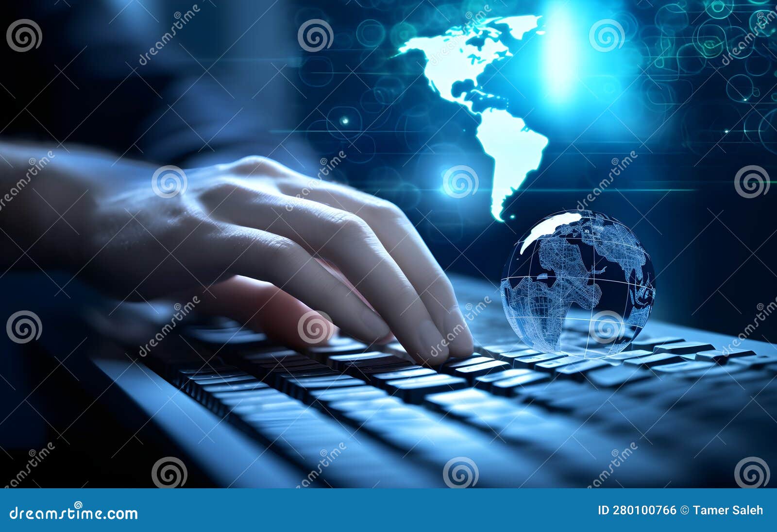 Hand Typing on a Keyboard with World Map in the Background Stock ...
