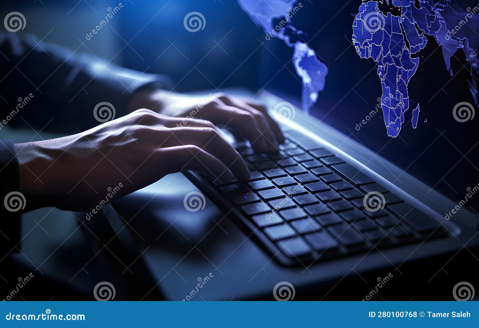 Hand Typing on a Keyboard with World Map in the Background Stock ...
