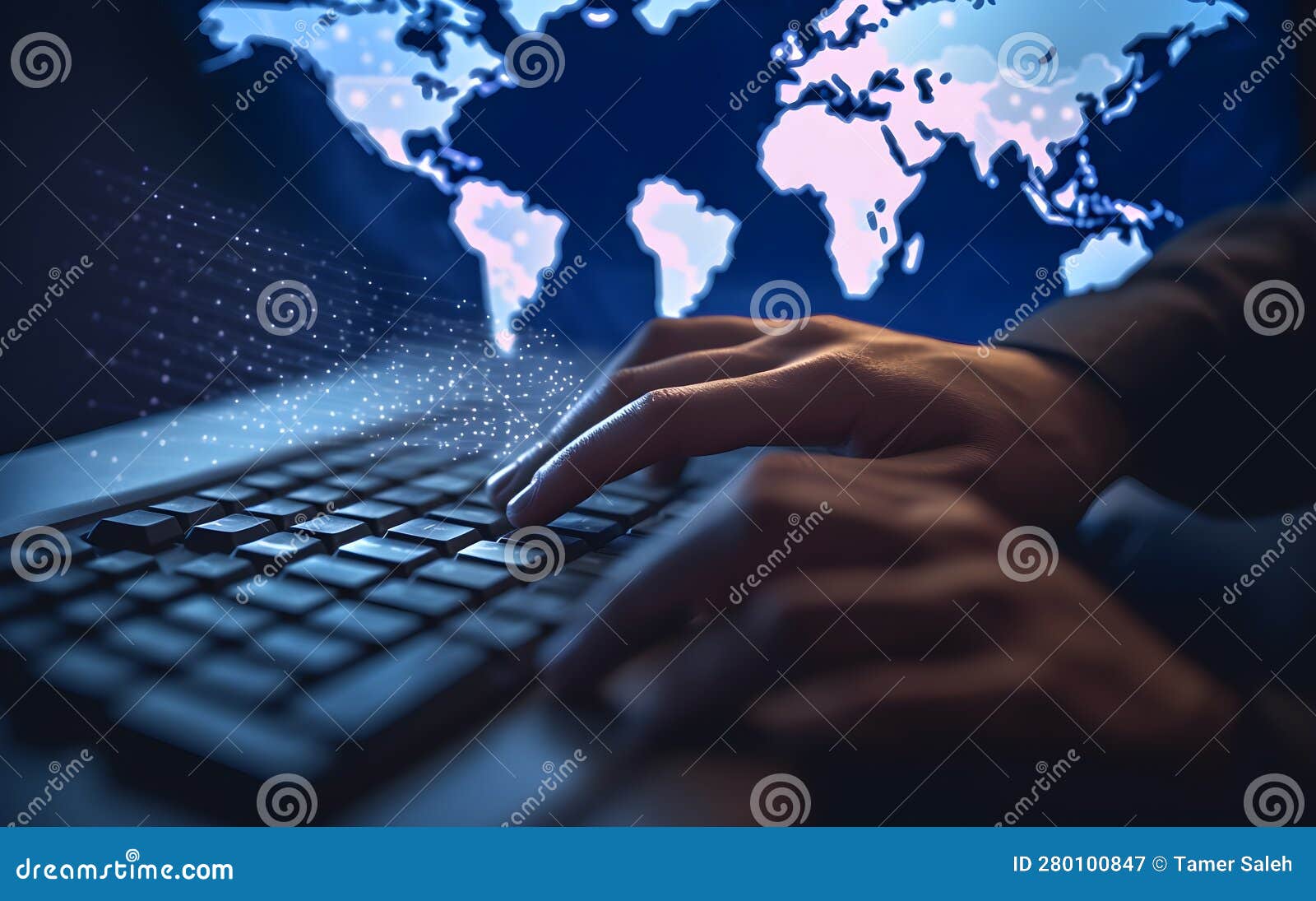 Hand Typing on a Keyboard with World Map in the Background Stock ...