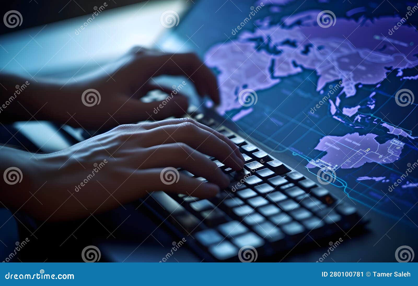 Hand Typing on a Keyboard with World Map in the Background Stock ...