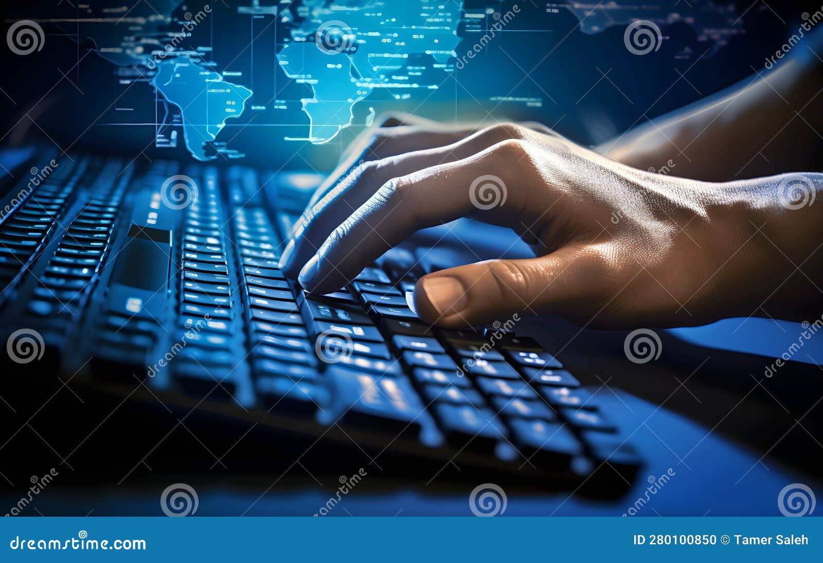 Hand Typing on a Keyboard with World Map in the Background Stock ...
