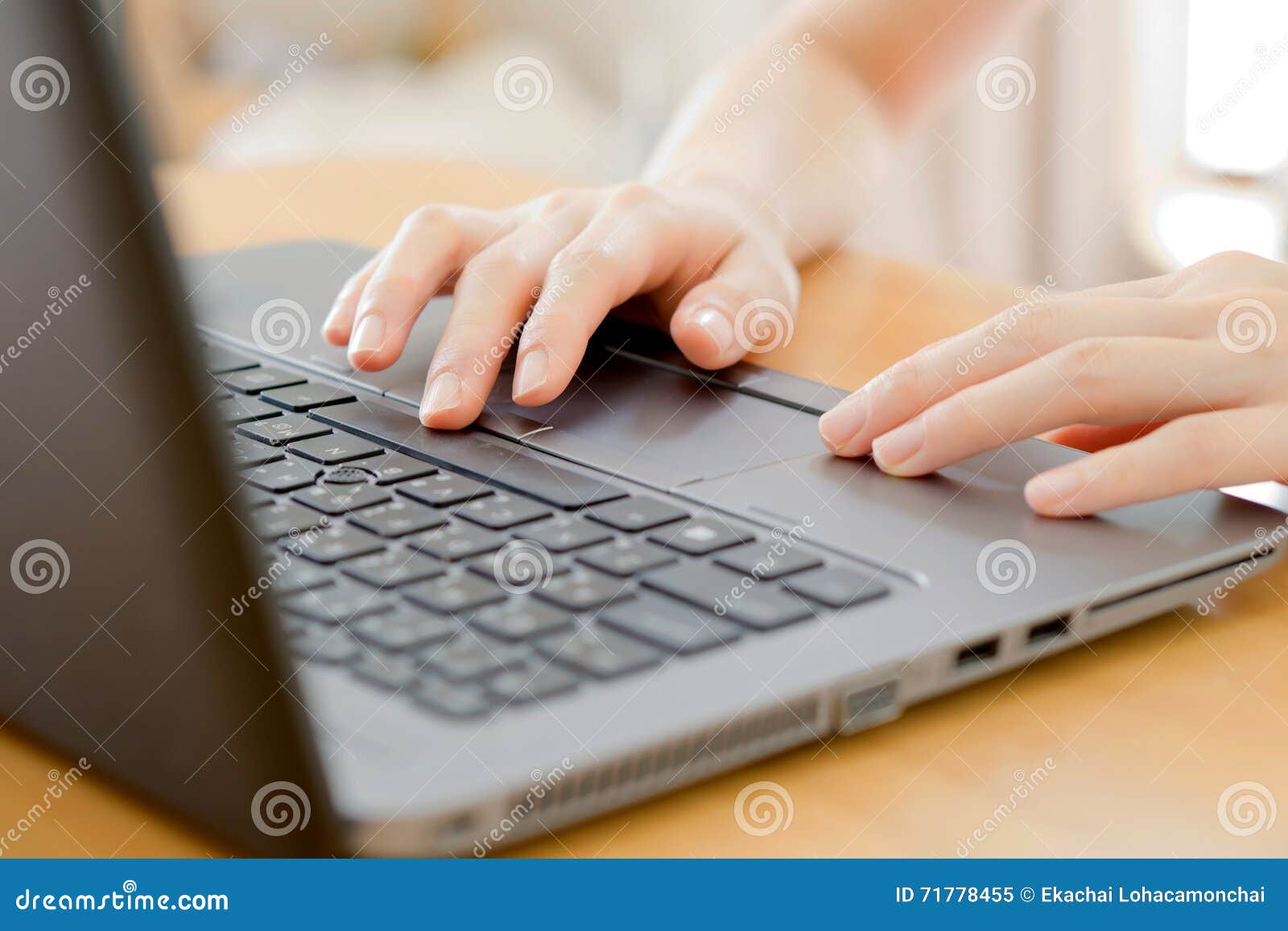 Hand Typing with Laptop. Focus on His Finger Stock Image - Image of ...
