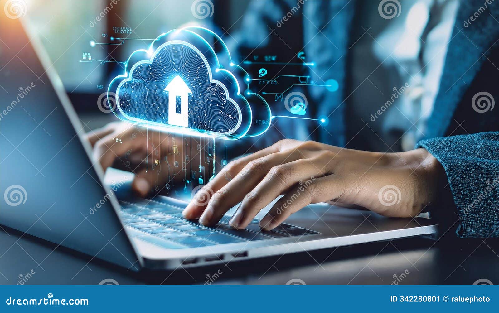 Hand Typing on Laptop Keyboard with Cloud Icon and Data Transfer Symbol ...