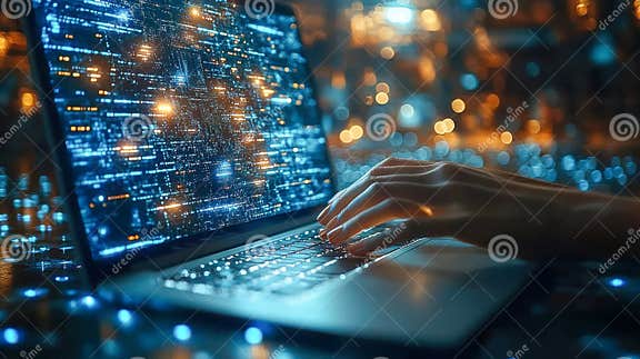Hand Typing on a Laptop Keyboard, with Illuminated Digital Code Overlay ...