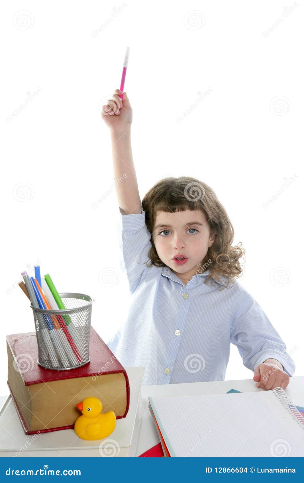 Hand Up Student Little Girl Rising Marker Stock Photo - Image of desk ...