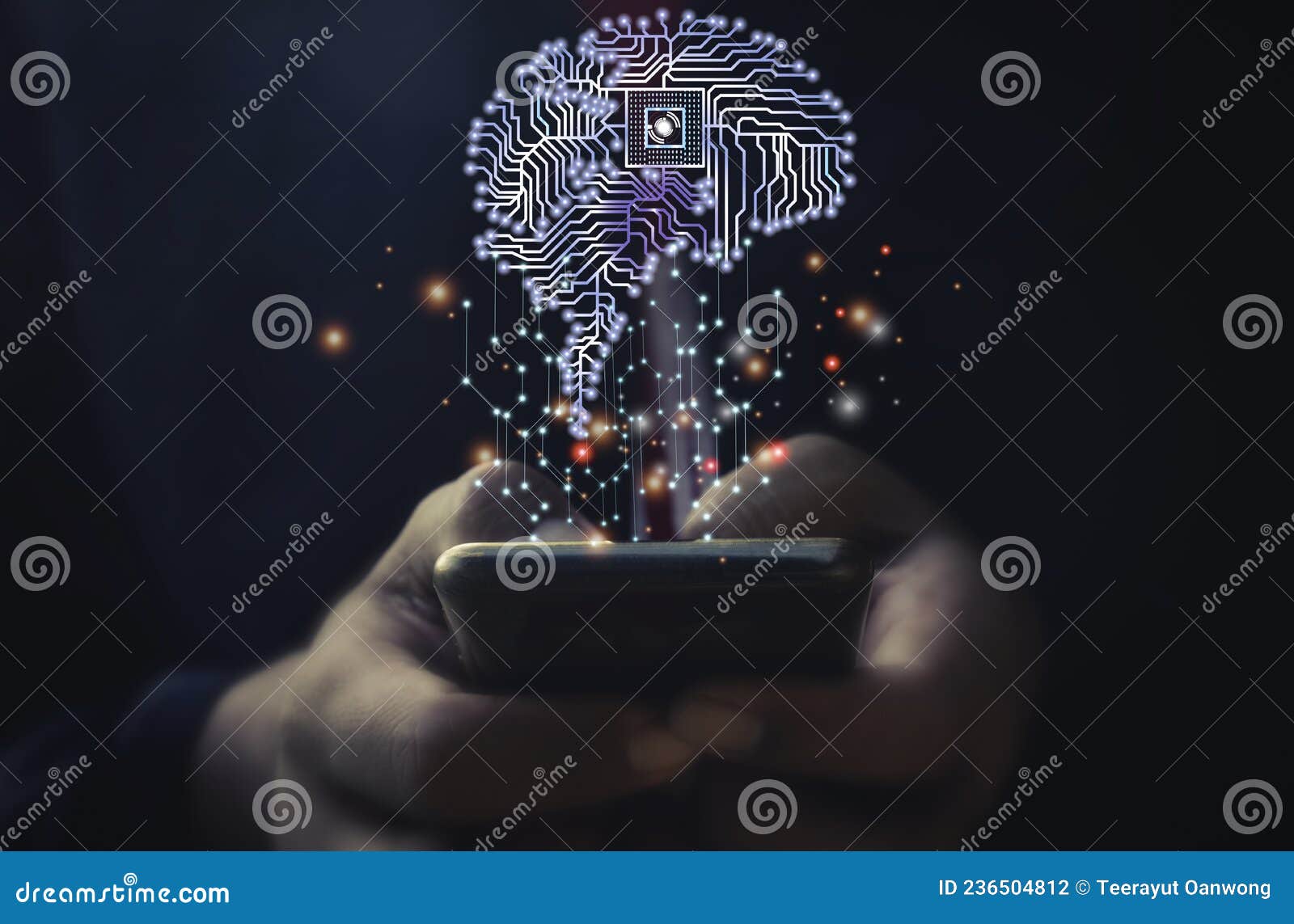 Hand Use Mobile Phone and Human Head with Line Brain Network Technology ...
