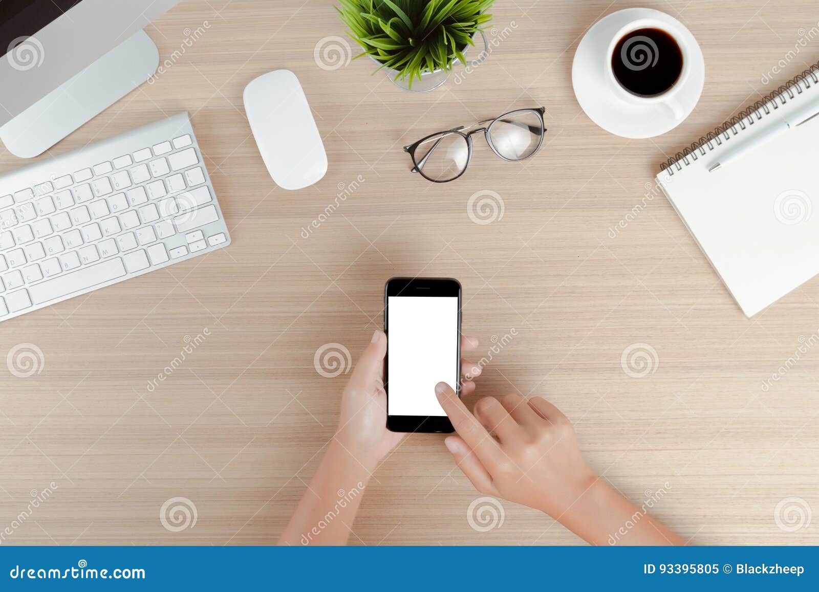 Hand Use Phone Mobile White Screen on Work Table Top View Stock Image ...